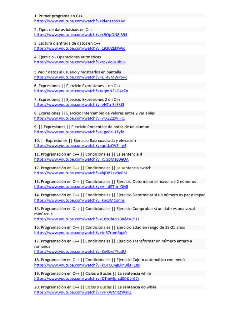 Programación en C++ Enlace a Tutoriales | PDF