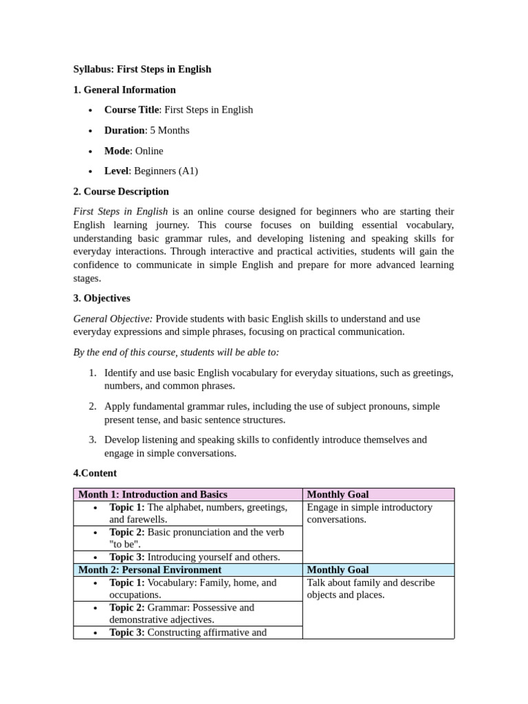 Beginner English Course Syllabus Online | PDF | English Language ...