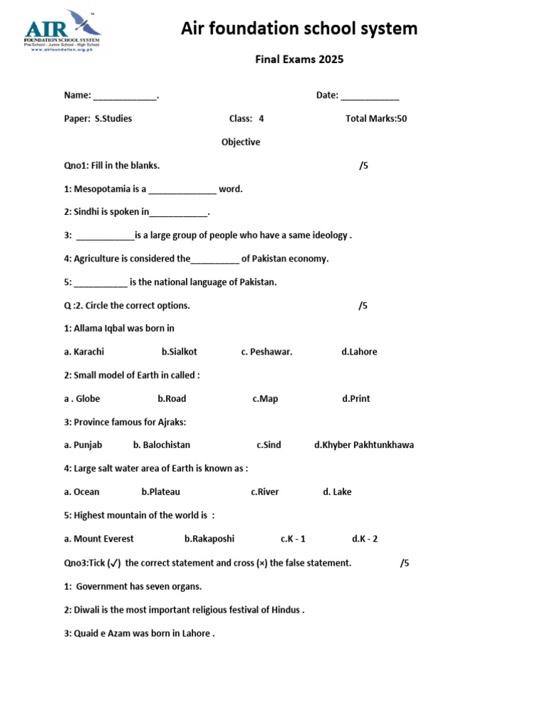 Class 4 Social Studies Final Exam | PDF