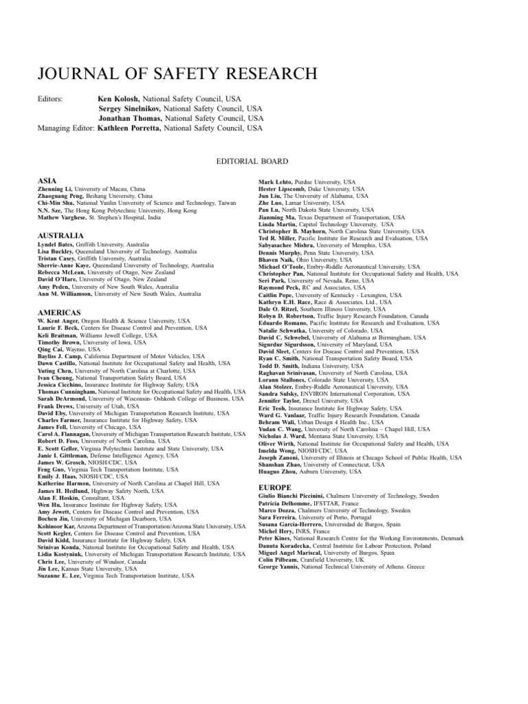 Journal of Safety Research Editorial Board | PDF | Working Conditions ...