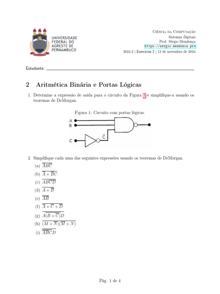 Sistemas Digitais Lista Aritmetica Binaria e Portas Logicas | PDF | Matemática
