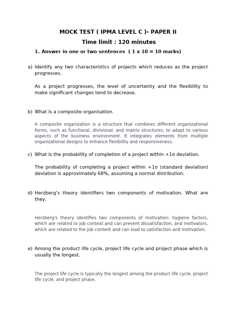 IPMA Level D - Mock Paper II With Answers | PDF | Project Management | Internal Rate Of Return