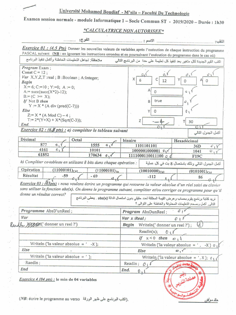 examen(TP01)_corrige_informatique_1_N°01 | PDF