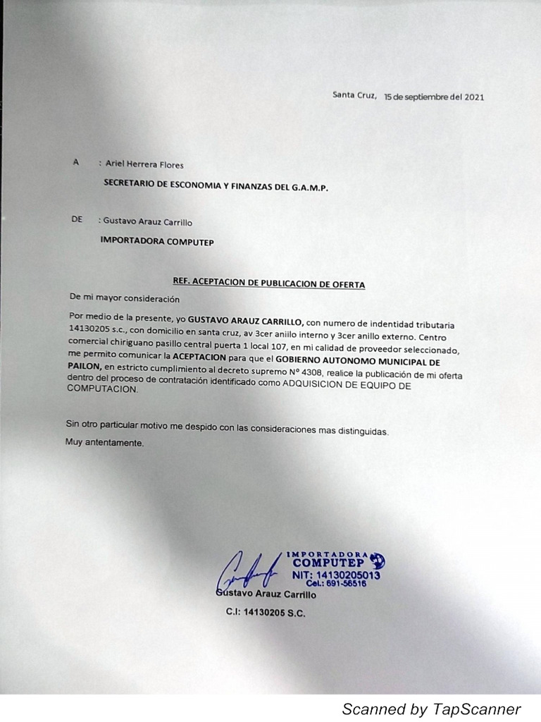 Carta de Aceptación - GAM Pailon | PDF