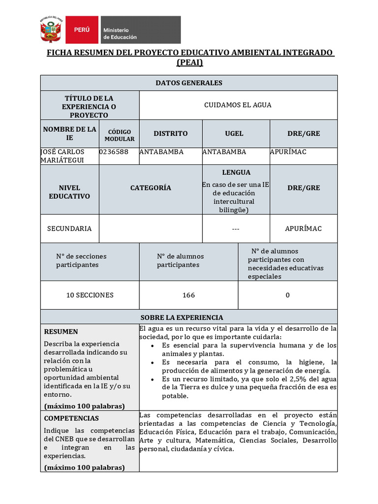 Ficha Resumen Del Proyecto Educativo Ambiental Integrado | PDF | Agua | Enseñando