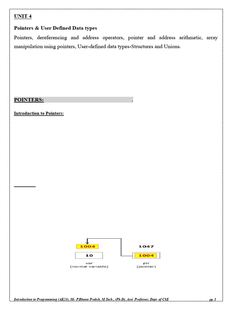 Unit-4 Intro To Prog (AK23) | PDF | Pointer (Computer Programming) | Integer (Computer Science)