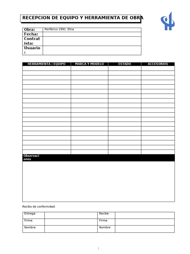 COB-10 Ed.1 Vale-recibo Herramienta Obra | PDF