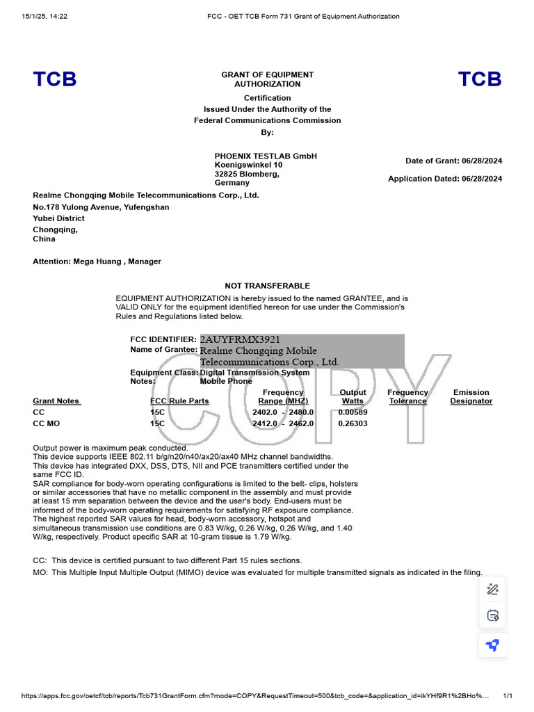 FCC - OET TCB Form 731 Grant of Equipment Authorization | PDF | Mimo | Federal Communications ...