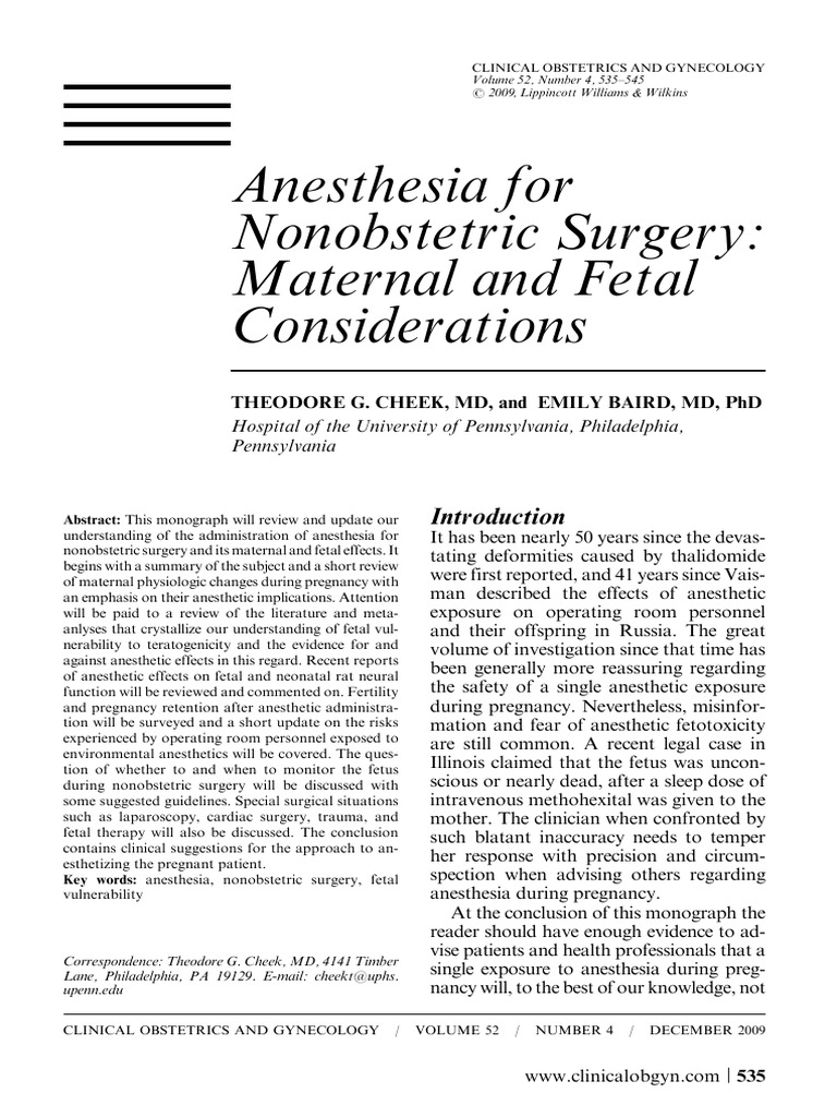 Anesthesia for Nonobstetric Surgery: Maternal and Fetal Considerations ...