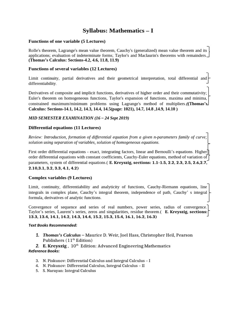 MA10001Mathematics I Syllabus STUDENTS Modified 16-07-2019 | PDF | Equations | Calculus