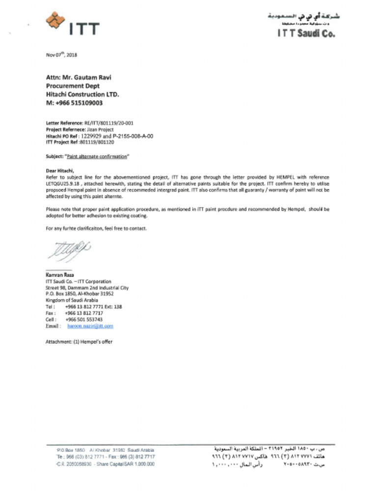 Official Letter of Alternative Paint From ITT | PDF