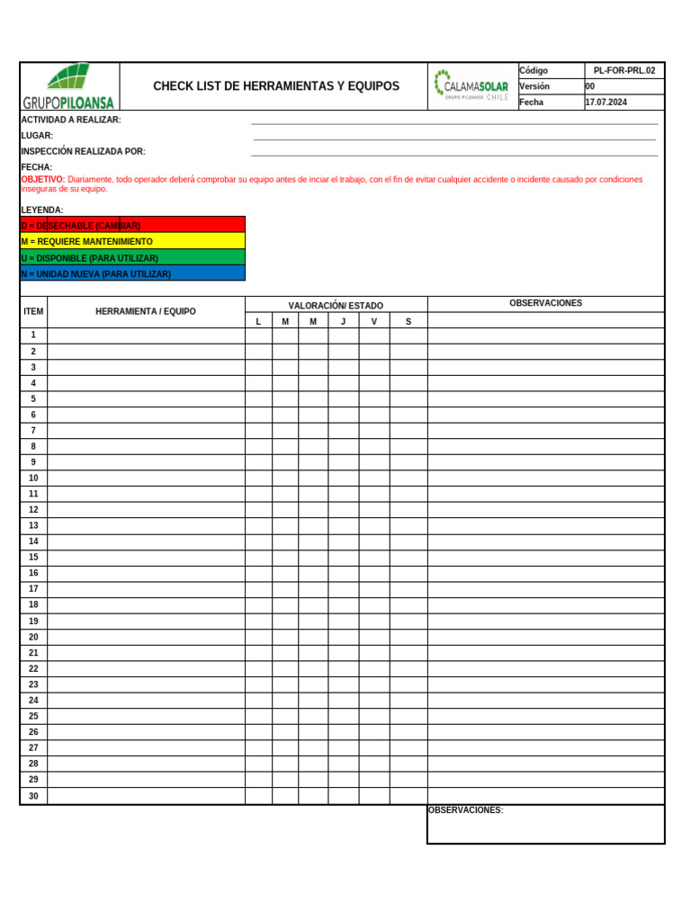 Checklist de Herramientas y Equipos | PDF