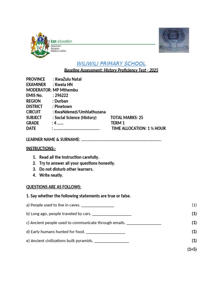 Grade 4 History Test - 2025 | PDF