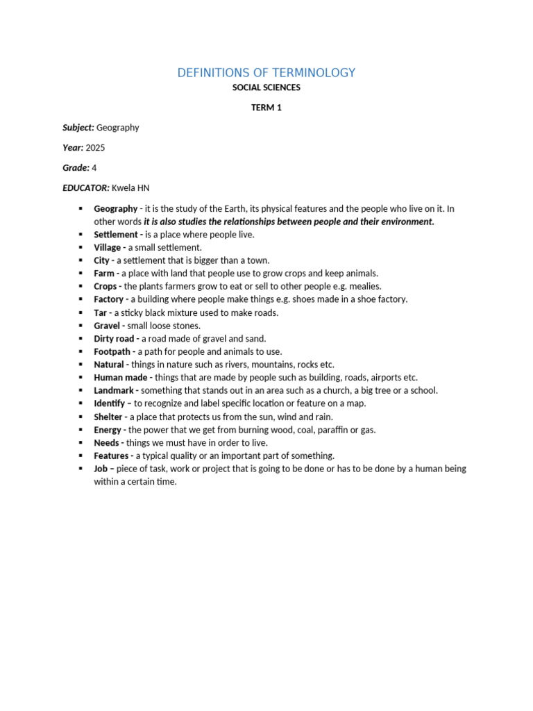 Definitions of Terminology Ss Geography 4 2025 | PDF
