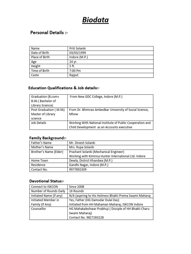 Preeti Biodata | PDF