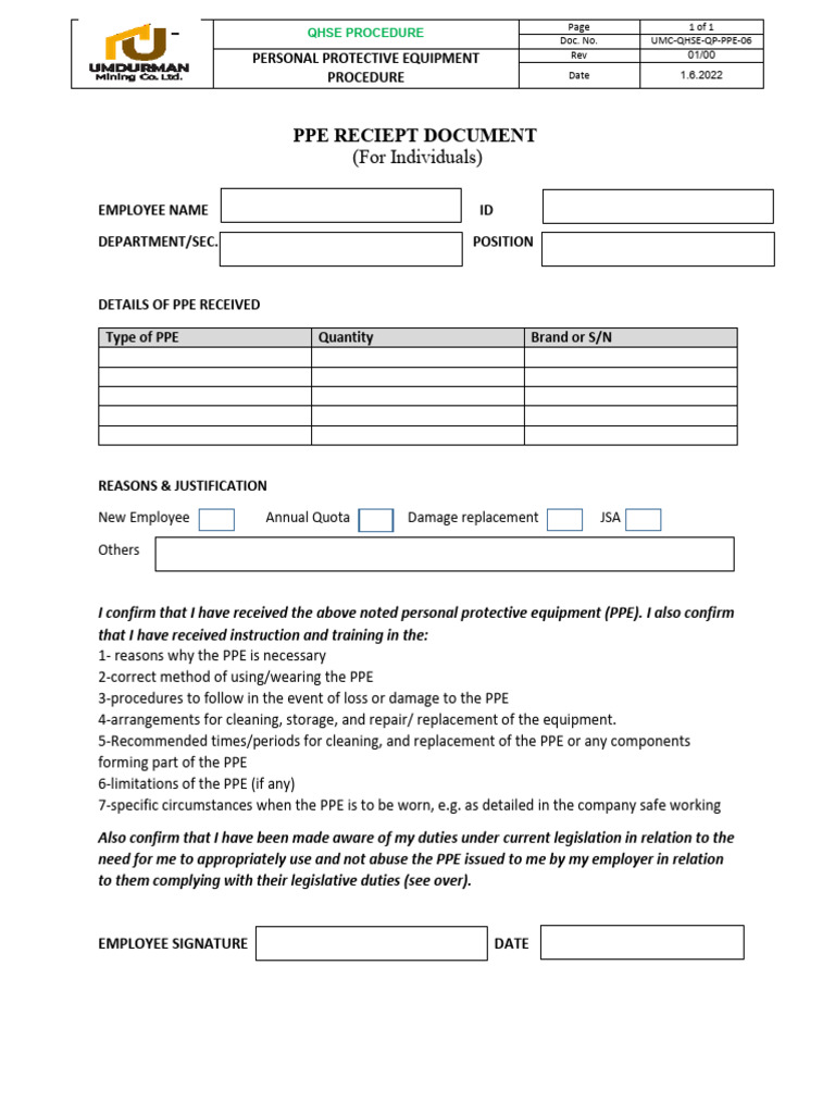 PPE Receipt Acknowledgment Form | PDF