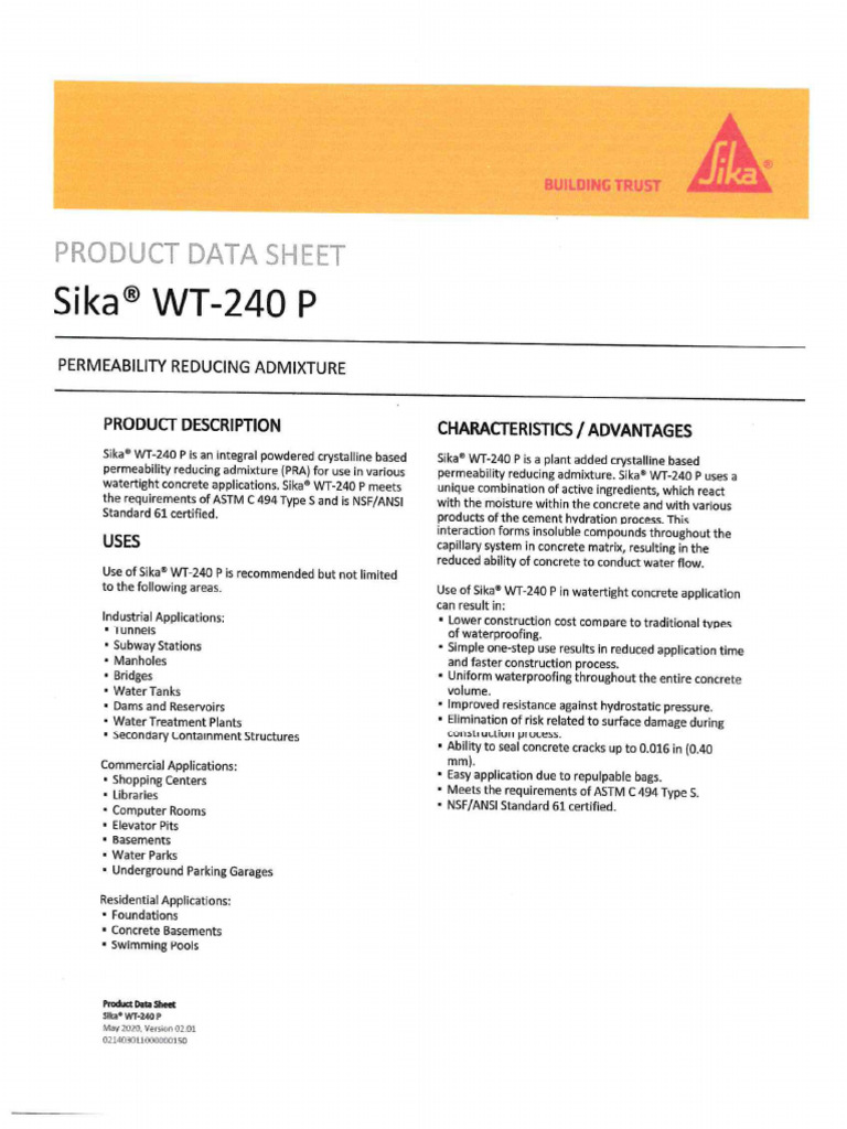 Sika WT-240 P Product Data Sheet | PDF