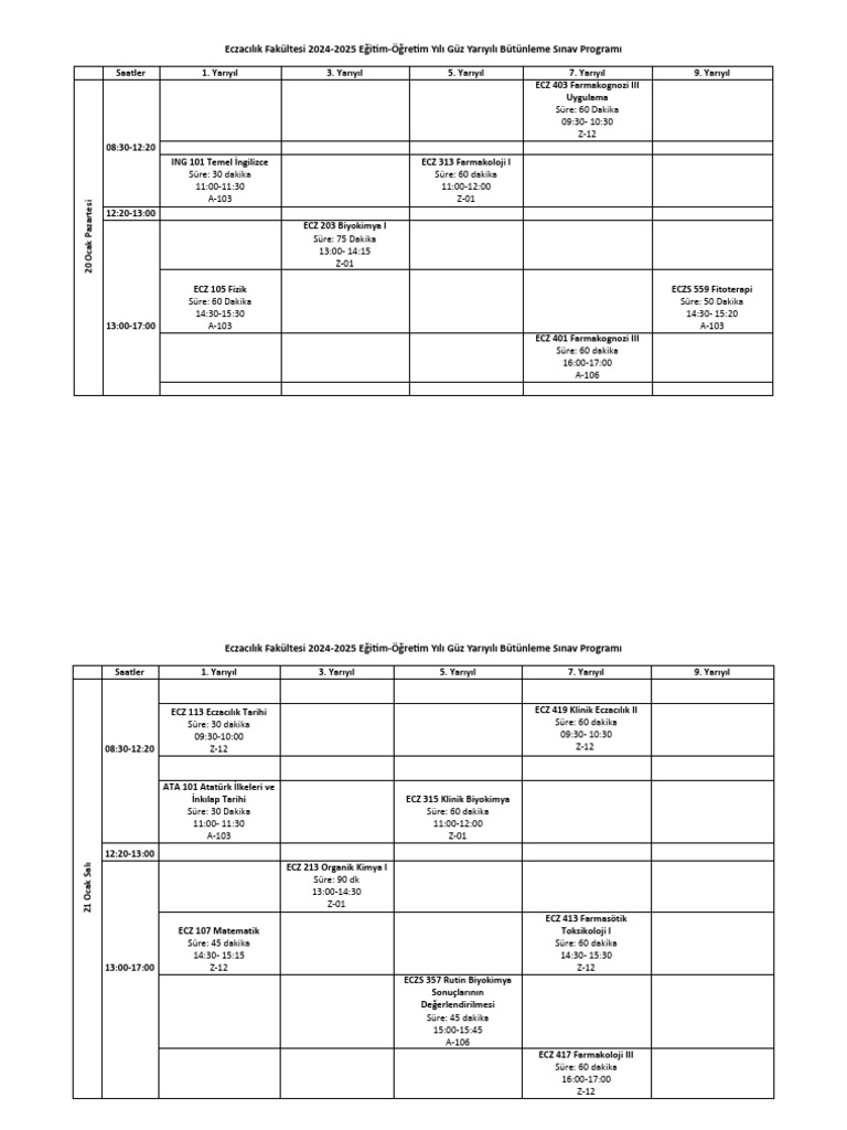 2024-2025 Egitim Ogretim Yili Guz Donemi Butunleme Sinav Programi | PDF