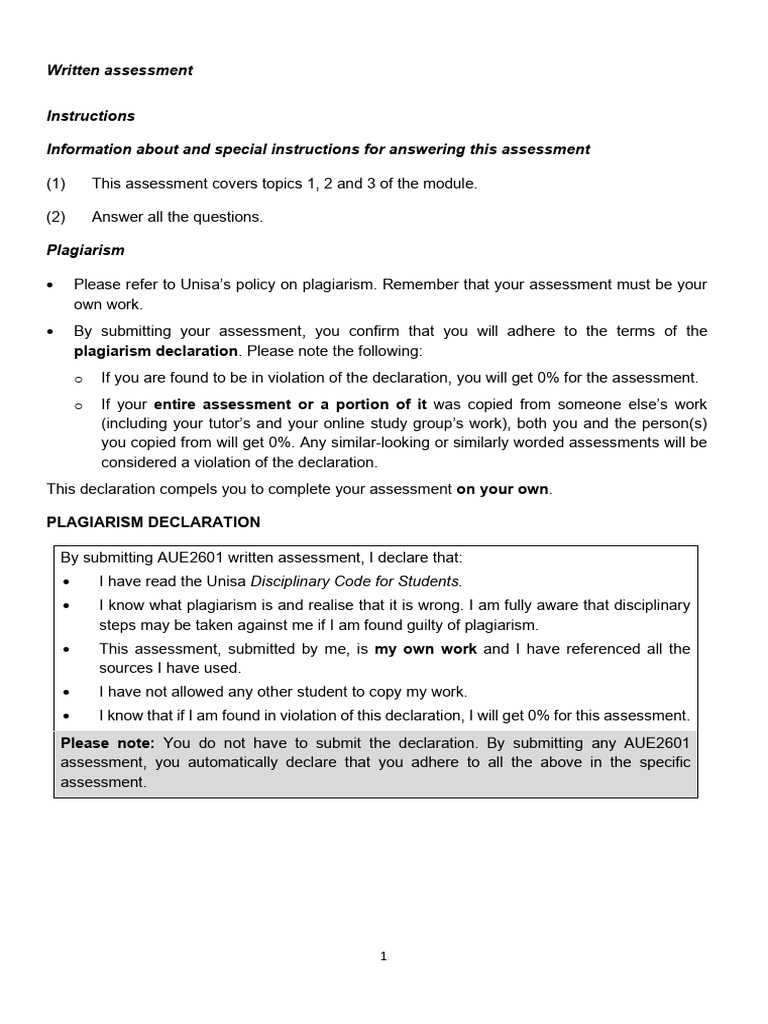 AUE2601 Written Assessment Guide | PDF | Audit | Internal Control