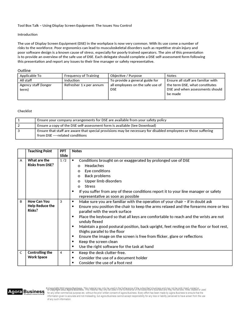 Display Screen Equipment Staff Training Sheet | PDF | Human Factors And ...