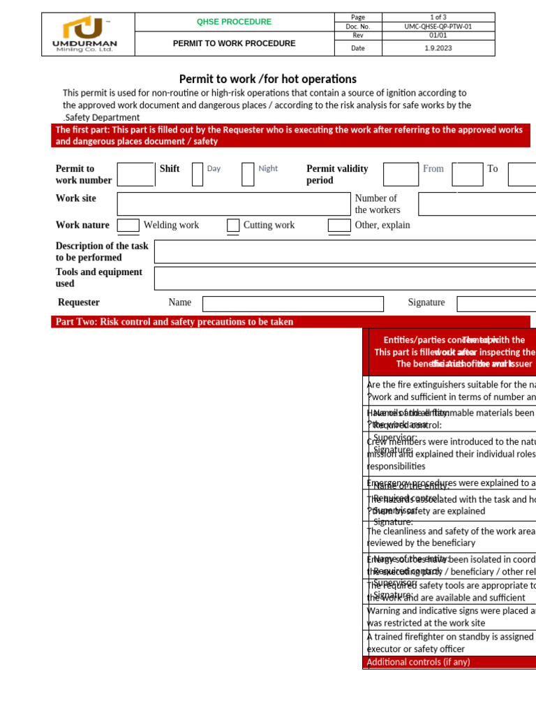 01 Hot Worl Permit En | PDF | Occupational Safety And Health | Safety