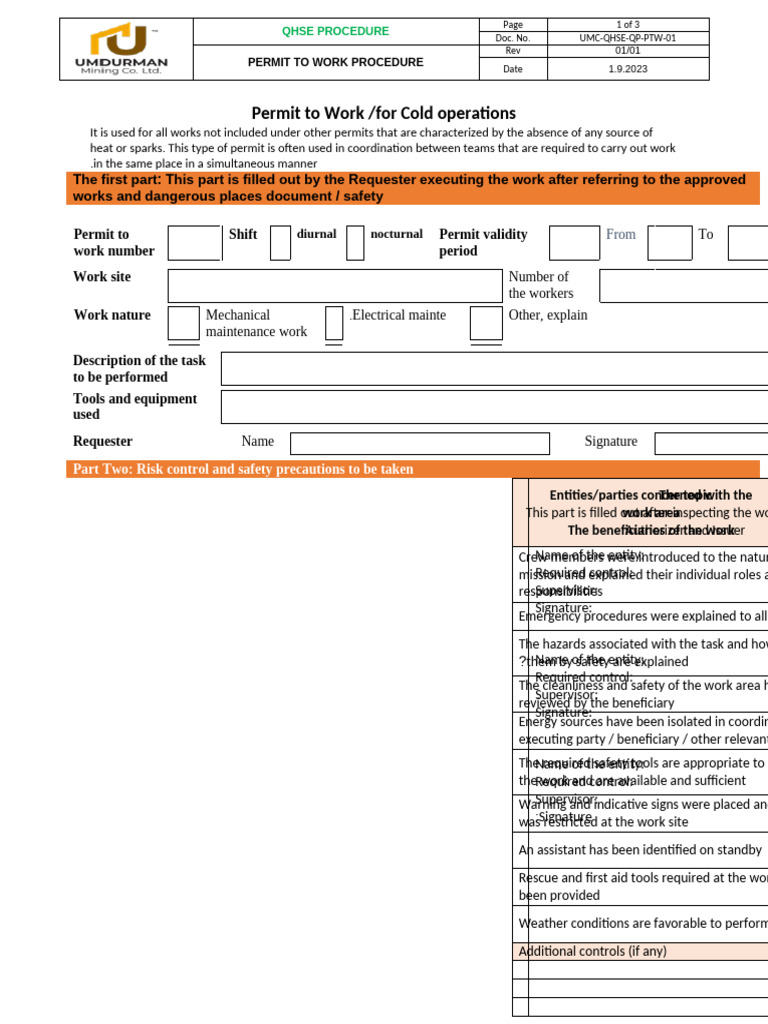 02 Cold Worl Permit En | PDF | Safety | Occupational Safety And Health