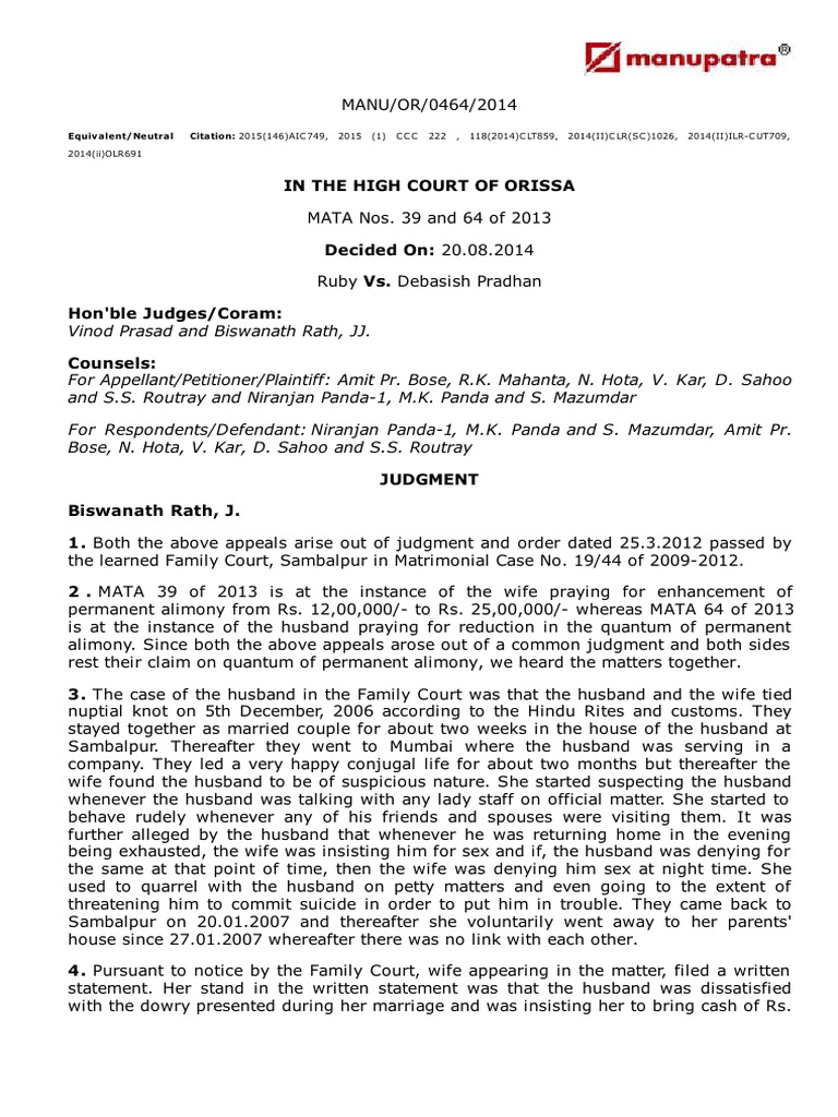 Ruby Vs Debasish Pradhan 20082014 ORIHCO140458COM300114 | PDF | Alimony | Marriage