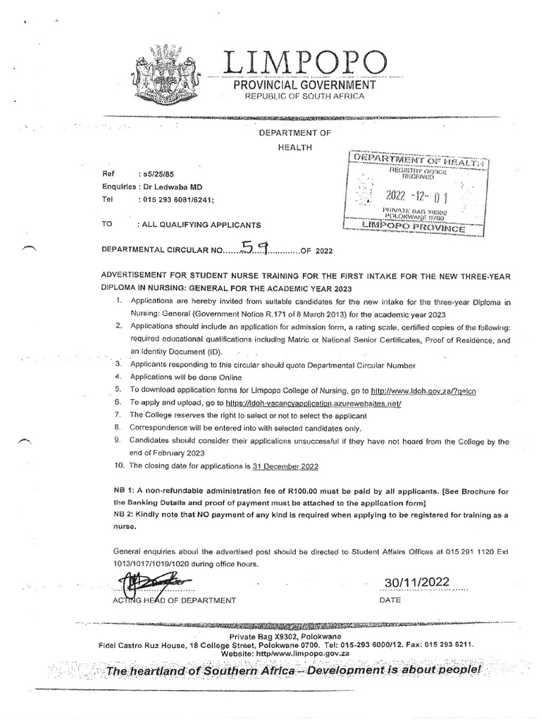 Circular No 59 of 2022 On Advertisement of Nursing Student Intake | PDF