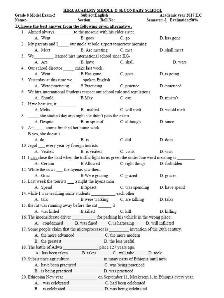 Grade 8 English Model Exam 2017 E.C. | PDF | Abraham Lincoln