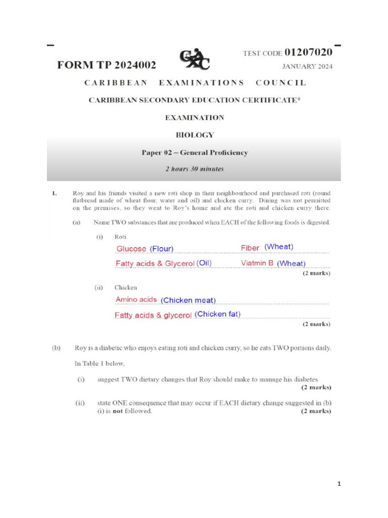 CSEC Bio Jan 2024 P2 Answers | PDF