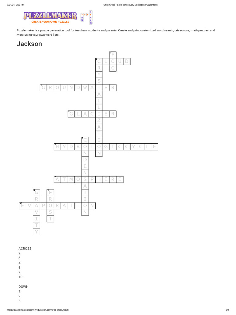 Criss Cross Puzzle - Discovery Education Puzzlemaker | PDF