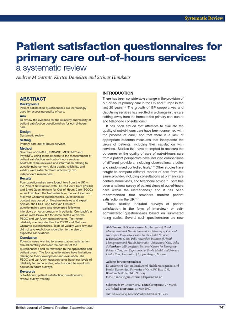 Patient Satisfaction Questionnaires For | PDF | Validity (Statistics) | Survey Methodology