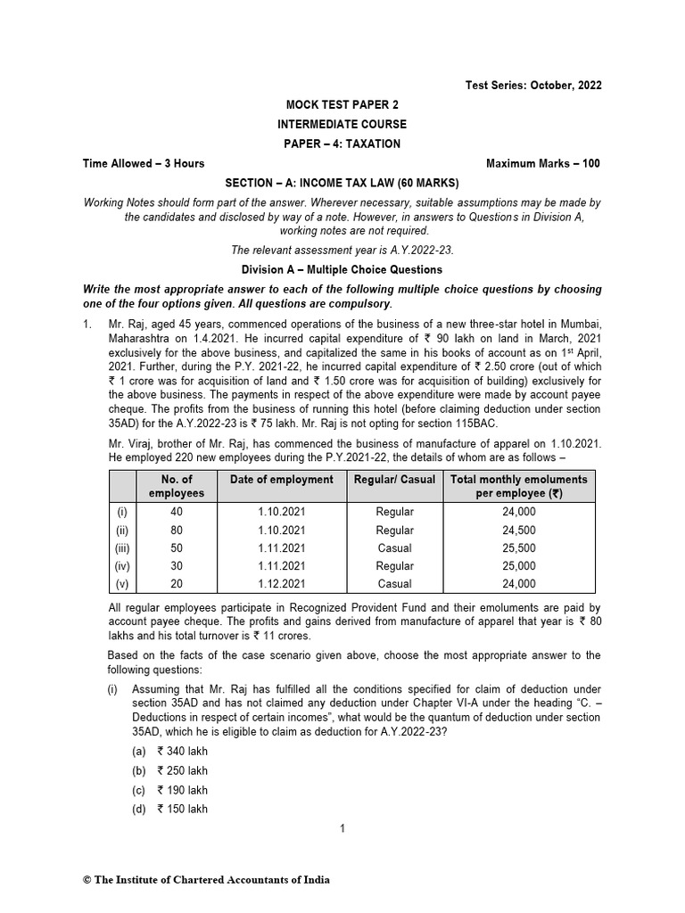 Intermediate Taxation Mock Test Paper | PDF | Income Tax | Taxes
