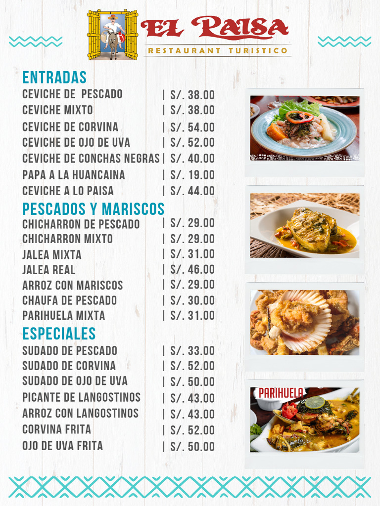 Menú de Comida Peruana Restaurante Gastronomía Marina Blanco y Turquesa ...