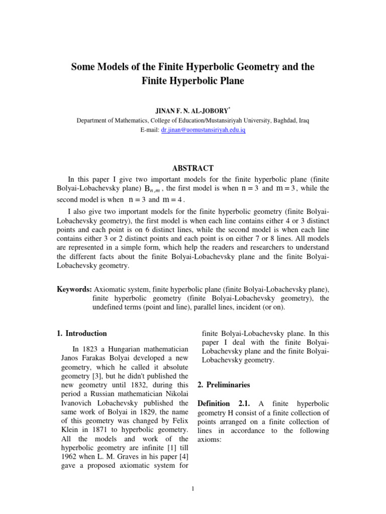 Finite Hyperbolic Geometry Models | PDF | Hyperbolic Geometry | Line ...