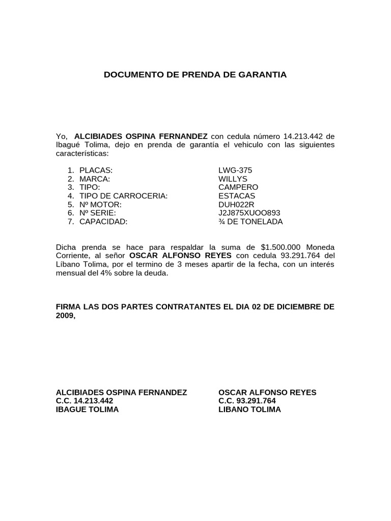 Prenda Vehicular por Deuda de $1.5M | PDF