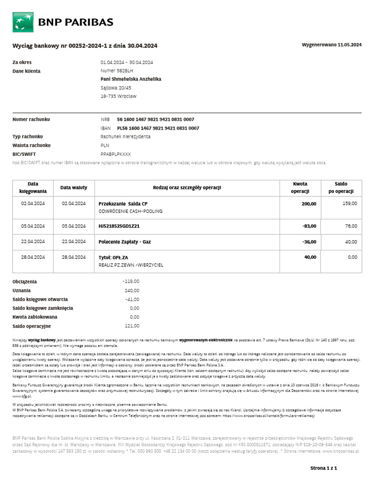 Wyciąg Bankowy NR 00 - 202 - 1 Z Dnia - .202: - .202 - .202 Numer B H | PDF