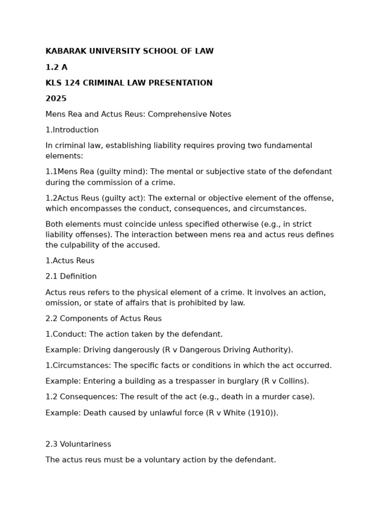 Mens Rea and Actus Reus Explained | PDF | Mens Rea | Recklessness (Law)