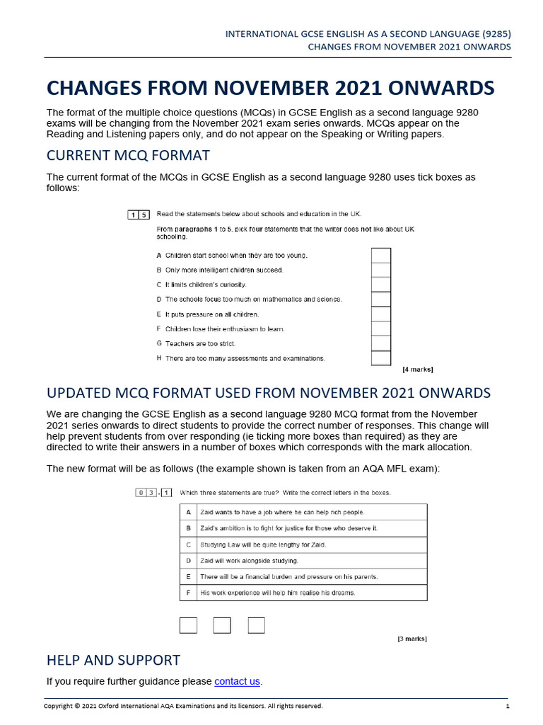 Gcse Esl Summary of Changes Nov21 Onwards | PDF