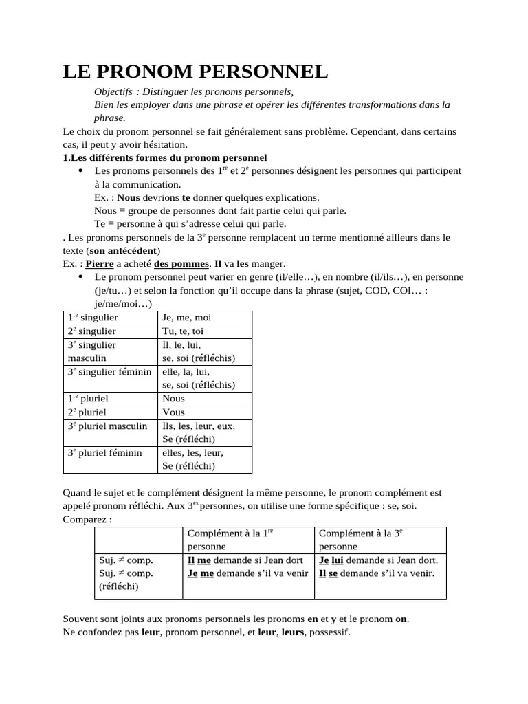 Guide des Pronoms Personnels en Français | PDF | Pronom | Nombre ...