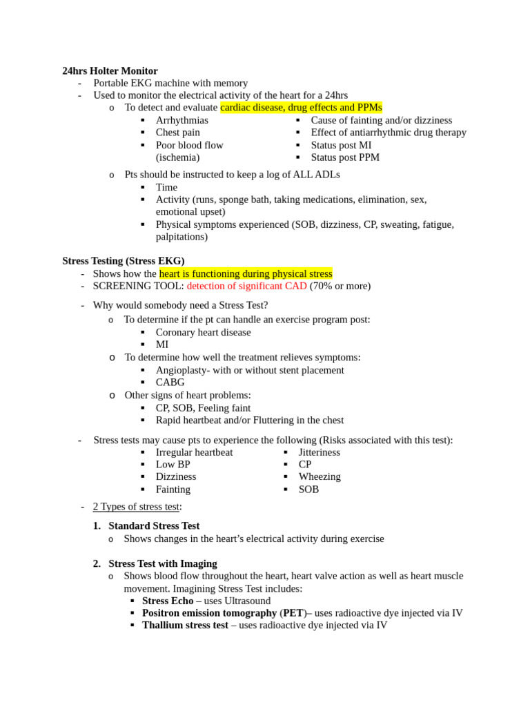 Notes- Stress Test | PDF | Heart | Cardiovascular Diseases
