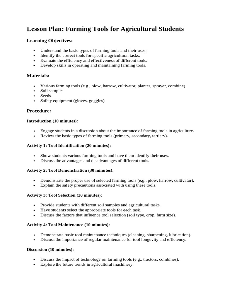 Farming Tools Lesson Plan for Students | PDF | Agriculture ...