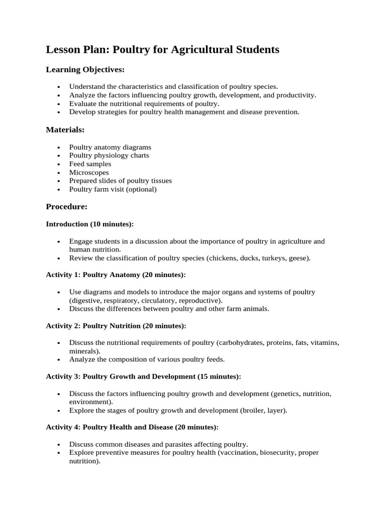 Lesson Plan for Poultry | PDF | Poultry | Poultry Farming