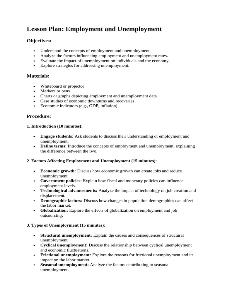 Employment and Unemployment Lesson Plan | PDF | Unemployment | Employment