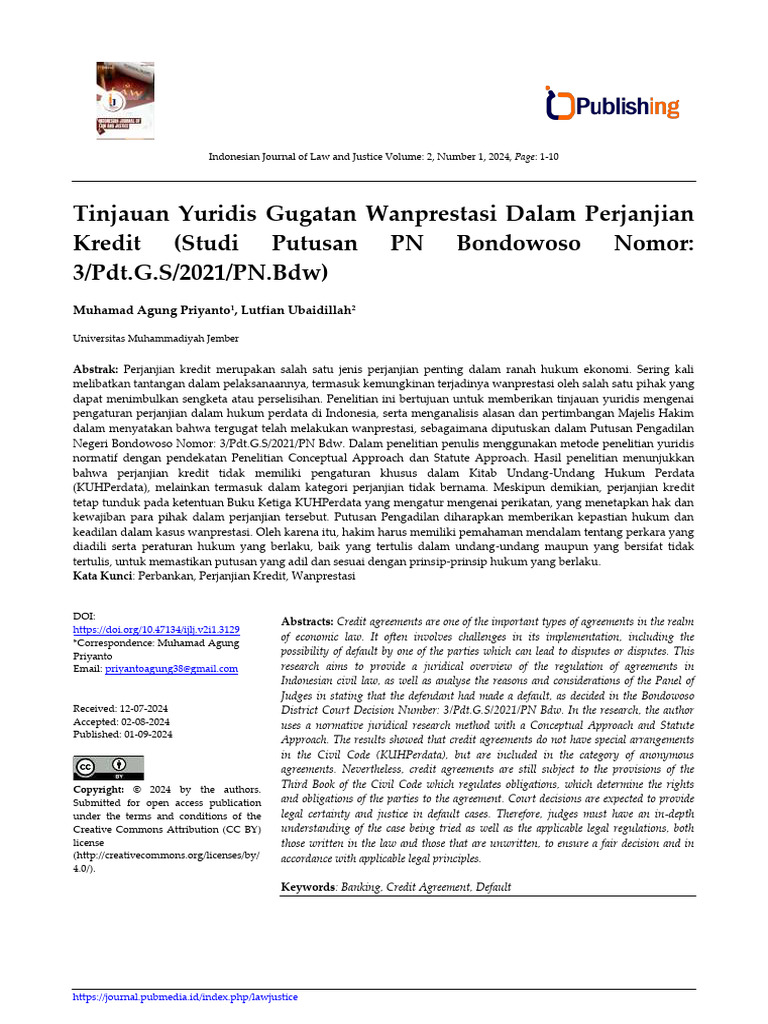 Tinjauan Yuridis Gugatan Wanprestasi Dalam Perjanjian Kredit(Studi Putusan PN Bondowoso ...