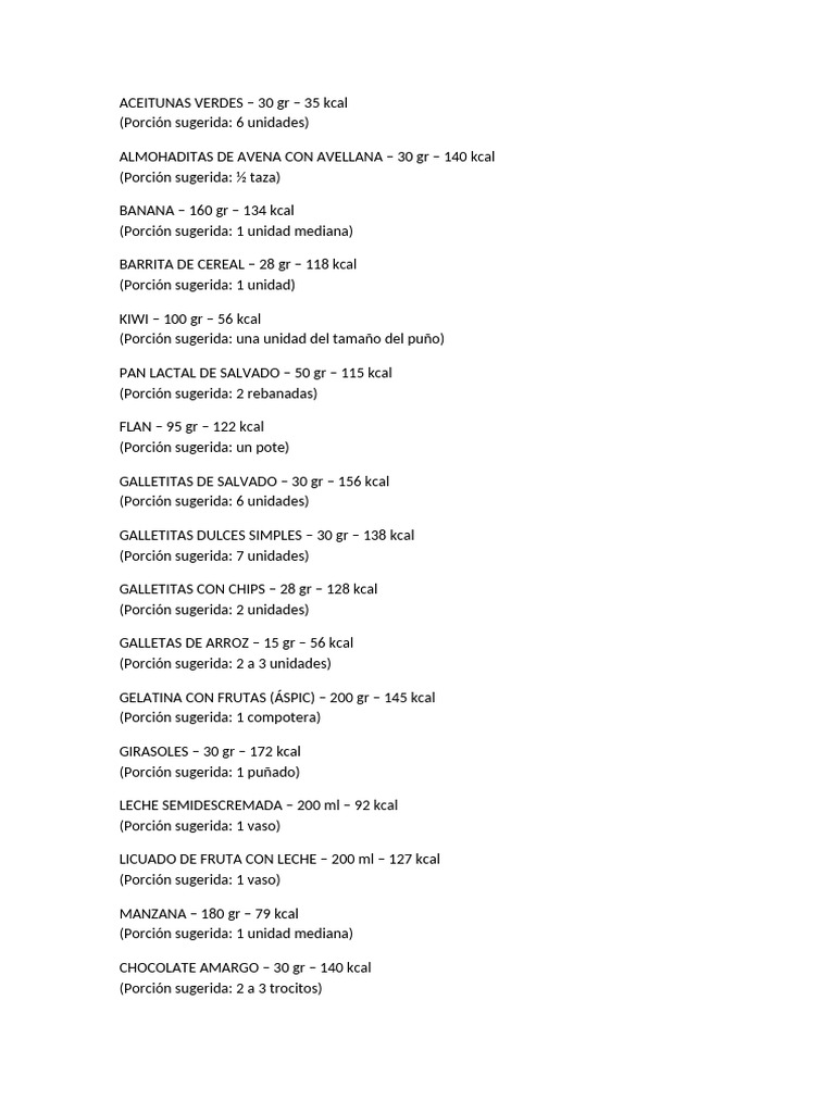 Kcal Desayunos y Colaciones | PDF