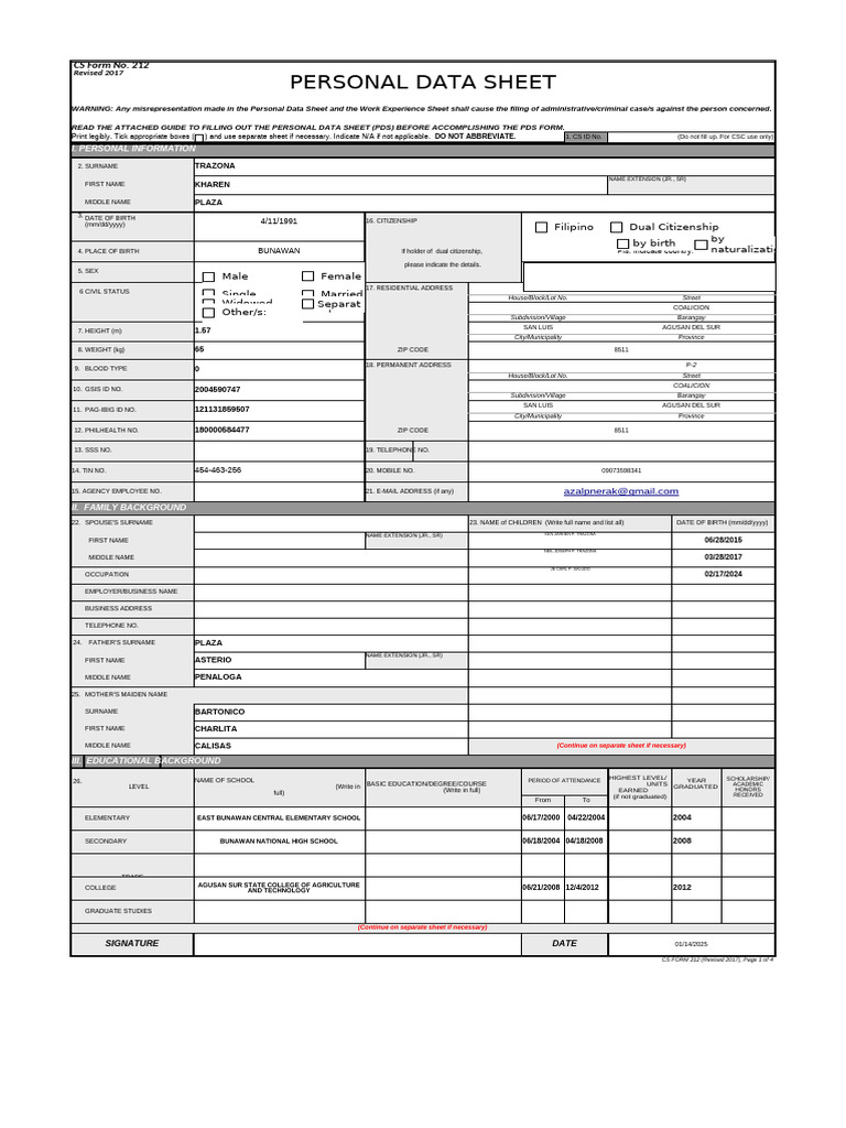 CS Form No. 212 Personal Data Sheet Revised | PDF | Government | Justice