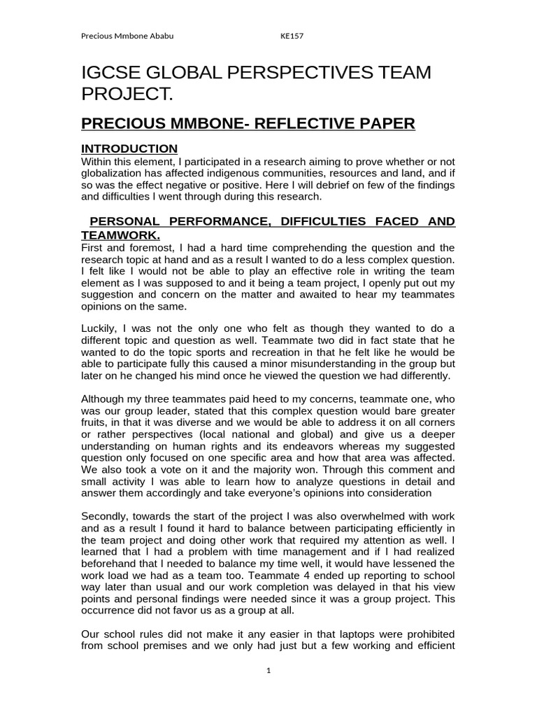 Precious Mmbone Reflective Paper | PDF | Globalization | Social Psychology