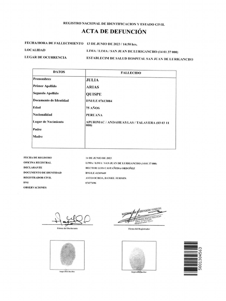 Acta Defuncion 5001304563 | PDF