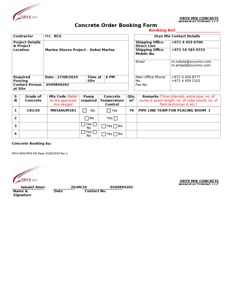 Oryx Mix Concrete Order Form | PDF | Structural Engineering | Civil ...